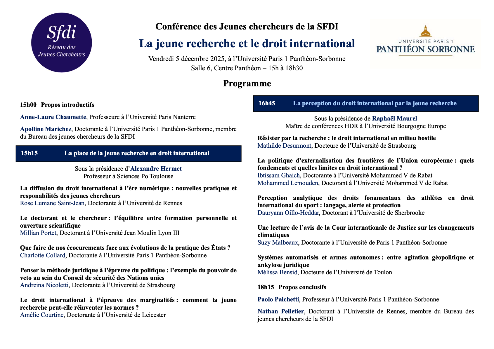 5 décembre - Présidence de panel au colloque Jeunes chercheurs SFDI "La ...